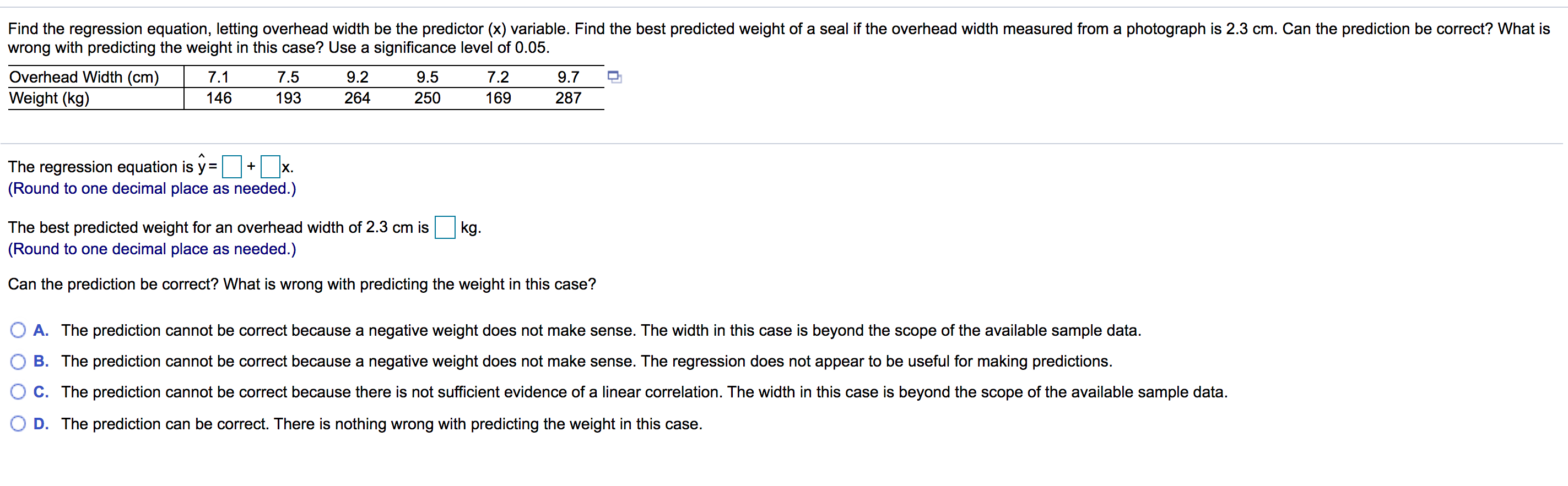Solved Find the regression equation, letting overhead width | Chegg.com