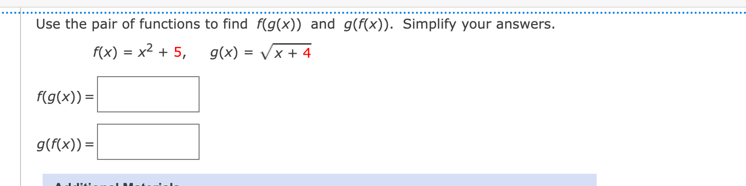 Solved f(x)=x2+5,g(x)=x+4f(g(x))=g(f(x))= | Chegg.com