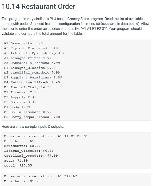 Solved 10.14 Restaurant Order This program is very similar | Chegg.com