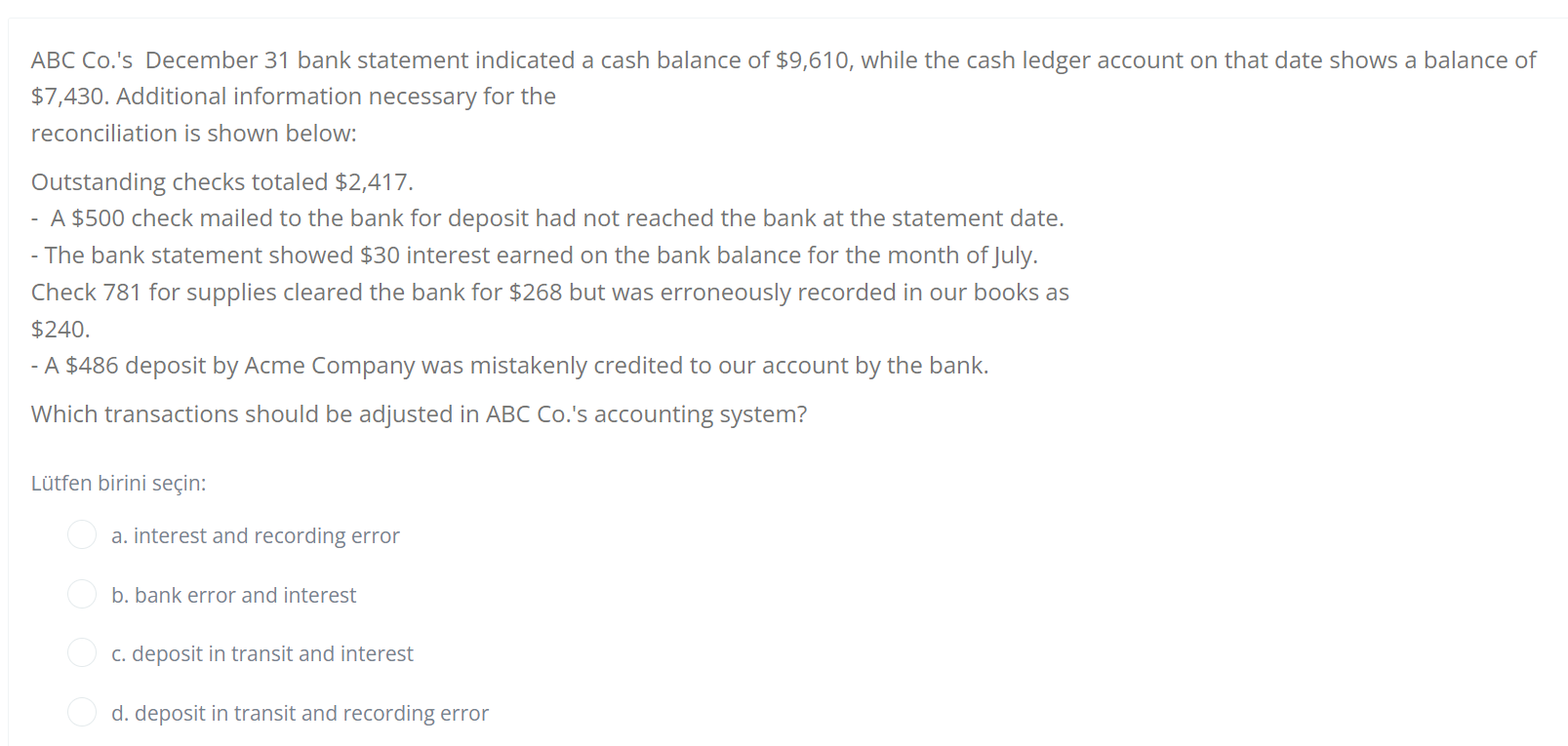 Solved ABC Co.'s December 31 bank statement indicated a cash | Chegg.com