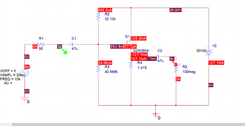 Solved 30.00V 902.2uA R2 32.15k R1 C1 HE 474 ОА 50 ON V2 | Chegg.com