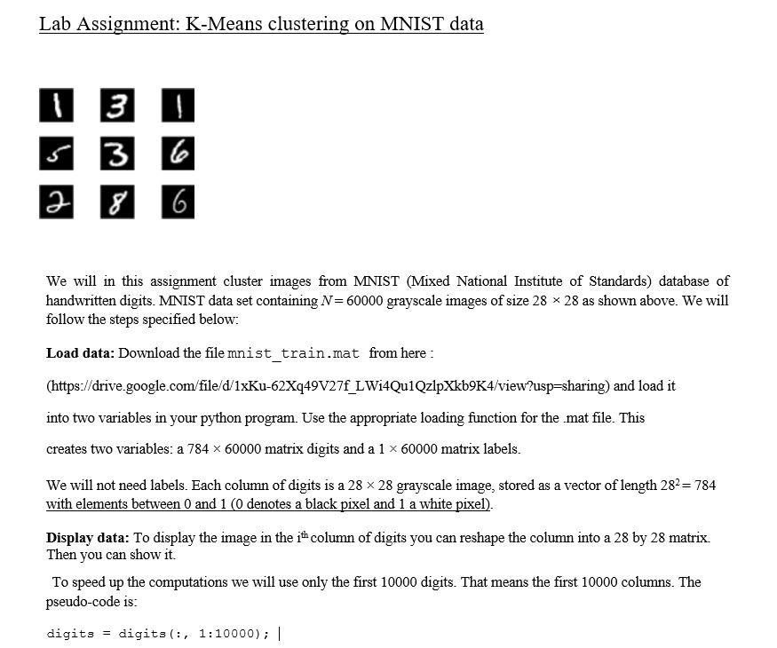 Solved Lab Assignment: K-Means clustering on MNIST data 3 با | Chegg.com