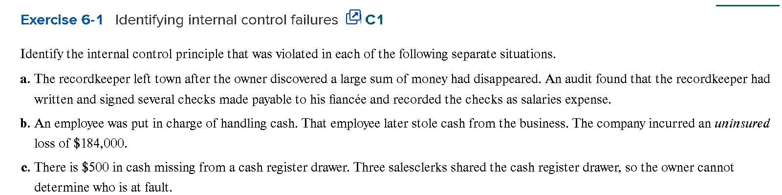 Solved Exercise 6-1 ﻿Identifying internal control failures | Chegg.com