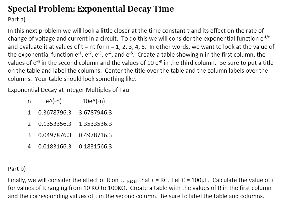 Solved Special Problem: Exponential Decay Time Part a) In | Chegg.com