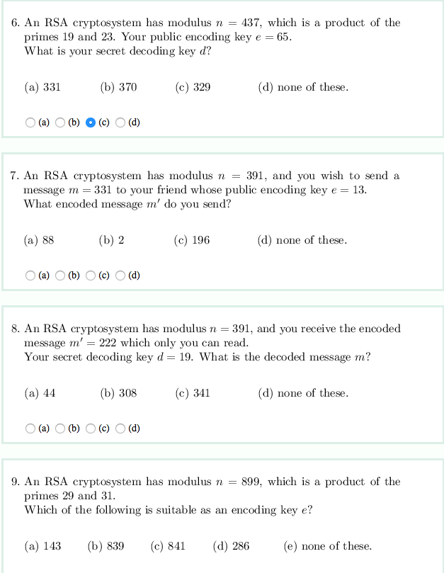 Solved 6. An RSA cryptosystem has modulus n primes 19 and | Chegg.com