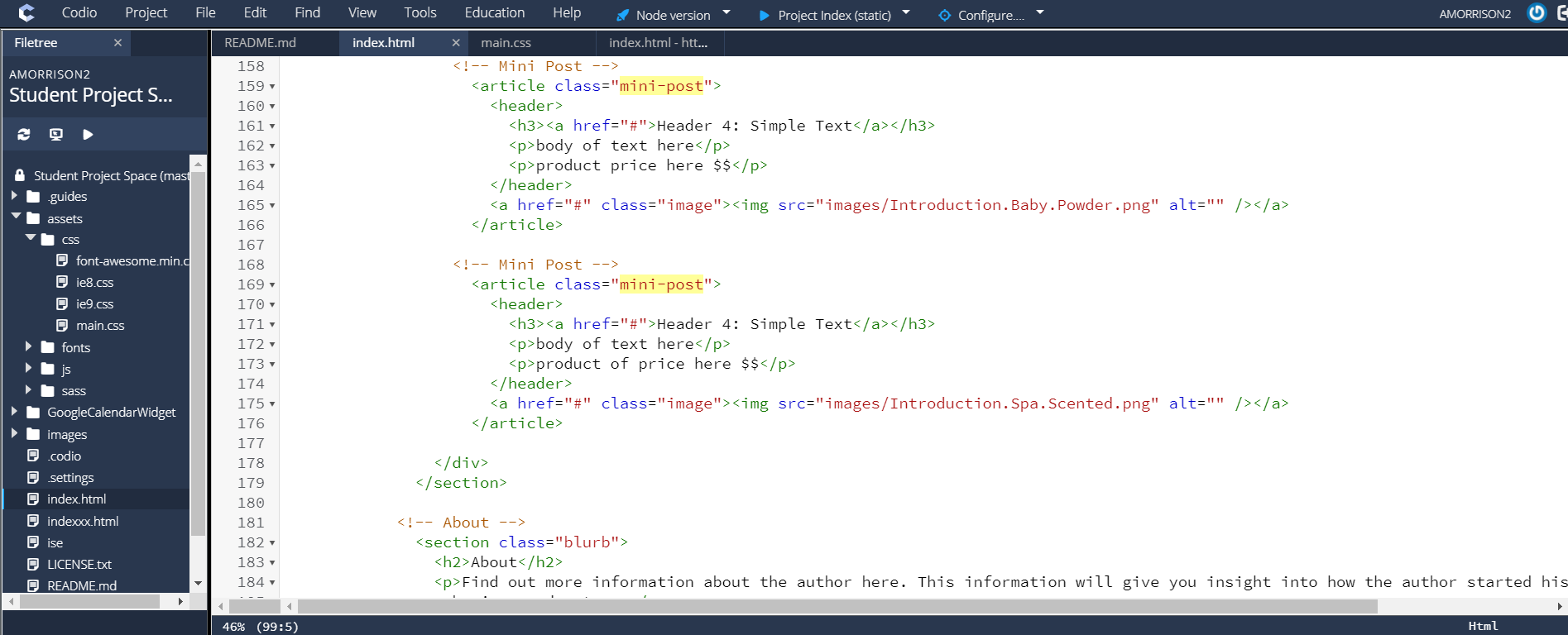 Need assistance modifying css layout in Codio | Chegg.com