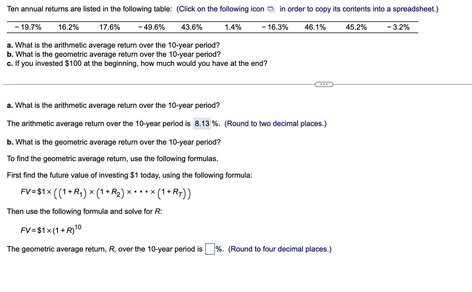 Solved a. What is the arithmetic average return over the 10 | Chegg.com