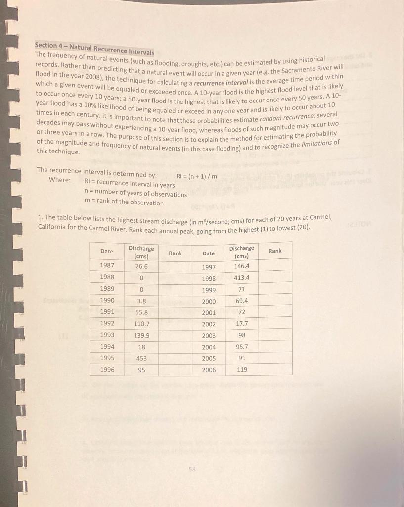 Solved Section 4 - Natural Recurrence Intervals The | Chegg.com