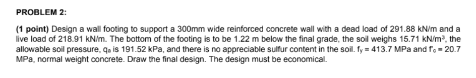 Solved PROBLEM 2: (1 point) Design a wall footing to support | Chegg.com