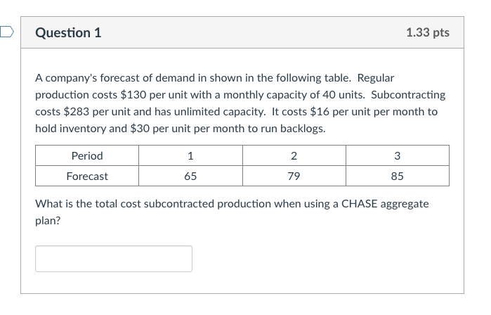 Solved D Question 1 1.33 pts A company's forecast of demand | Chegg.com