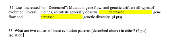 Solved 32. Use "Increased" or "Decreased”: Mutation, gene | Chegg.com