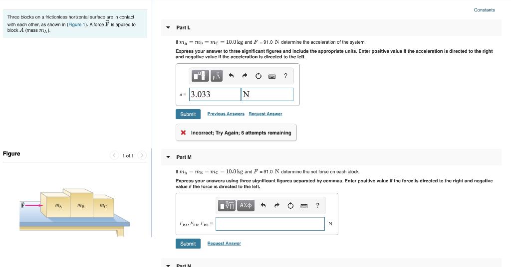Solved Constants Three blocks on a frictionless horizontal | Chegg.com