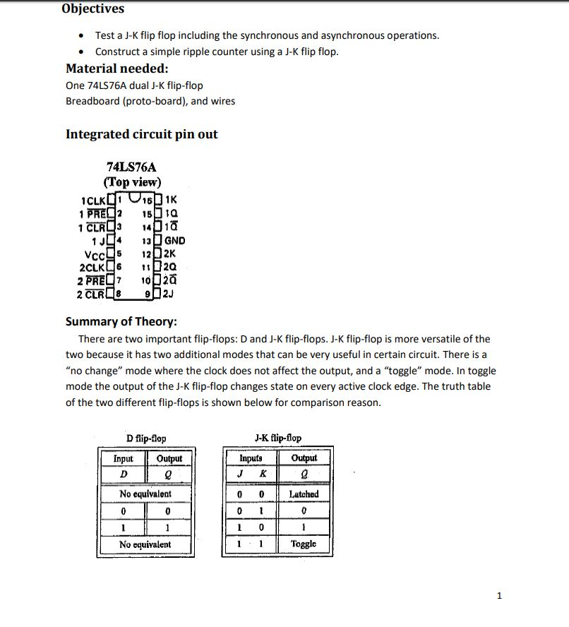 Solved Objectives • Test a J-k flip flop including the | Chegg.com