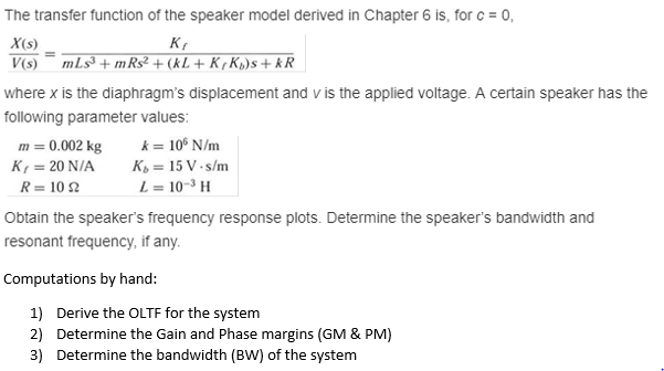 Solved The transfer function of the speaker model derived in | Chegg.com