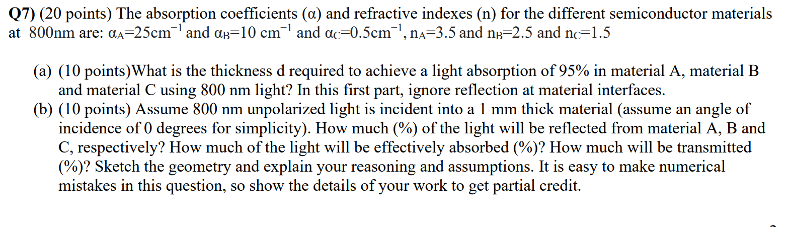 Solved Q7) (20 points) The absorption coefficients ( α ) and | Chegg.com
