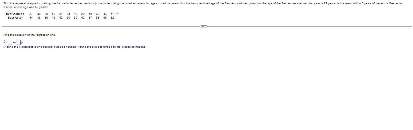 Solved Find the equation of the regression line. y^= +α | Chegg.com