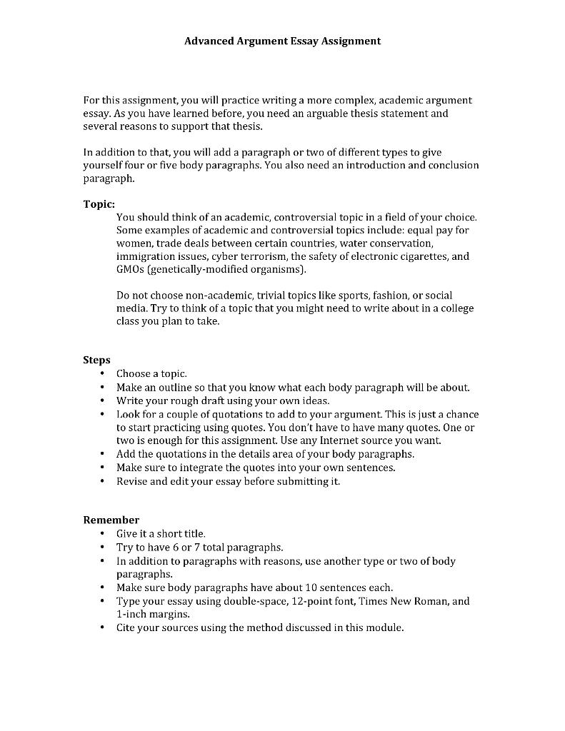 Solved Advanced Argument Essay Assignment For this | Chegg.com
