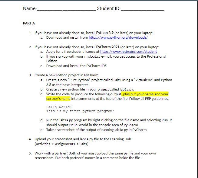 Solved Name: Student ID: PARTA 1. If you have not already | Chegg.com