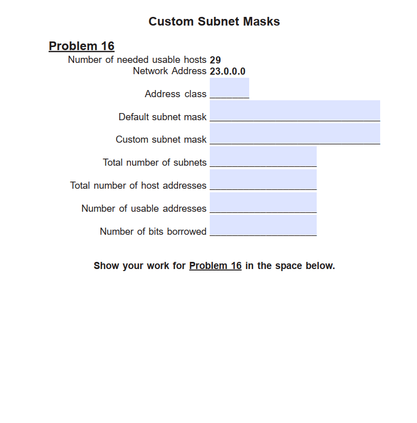 Solved Custom Subnet Masks Problem 5 Number of needed | Chegg.com