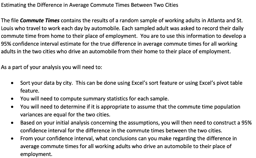 Solved Estimating the Difference in Average Commute Times | Chegg.com