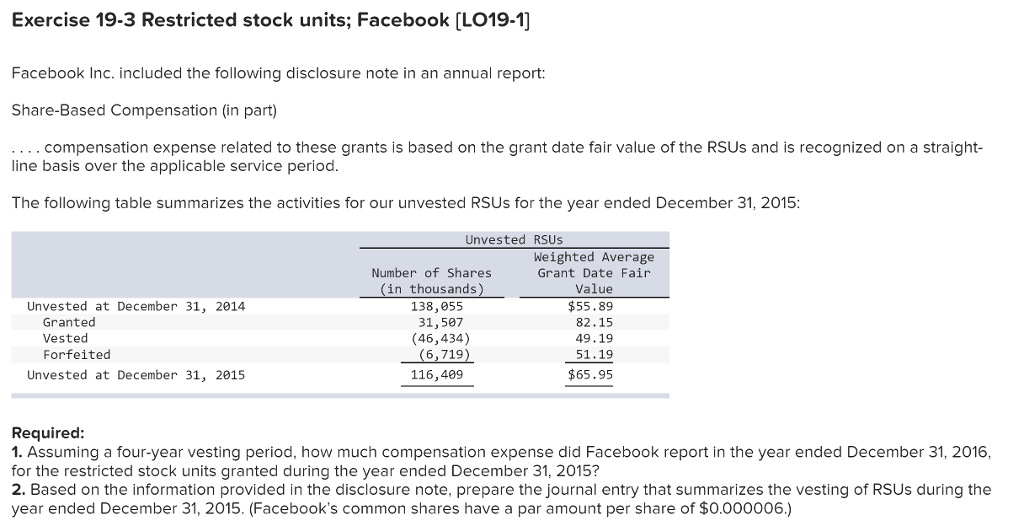 Solved Exercise 19-3 Restricted stock units; Facebook | Chegg.com