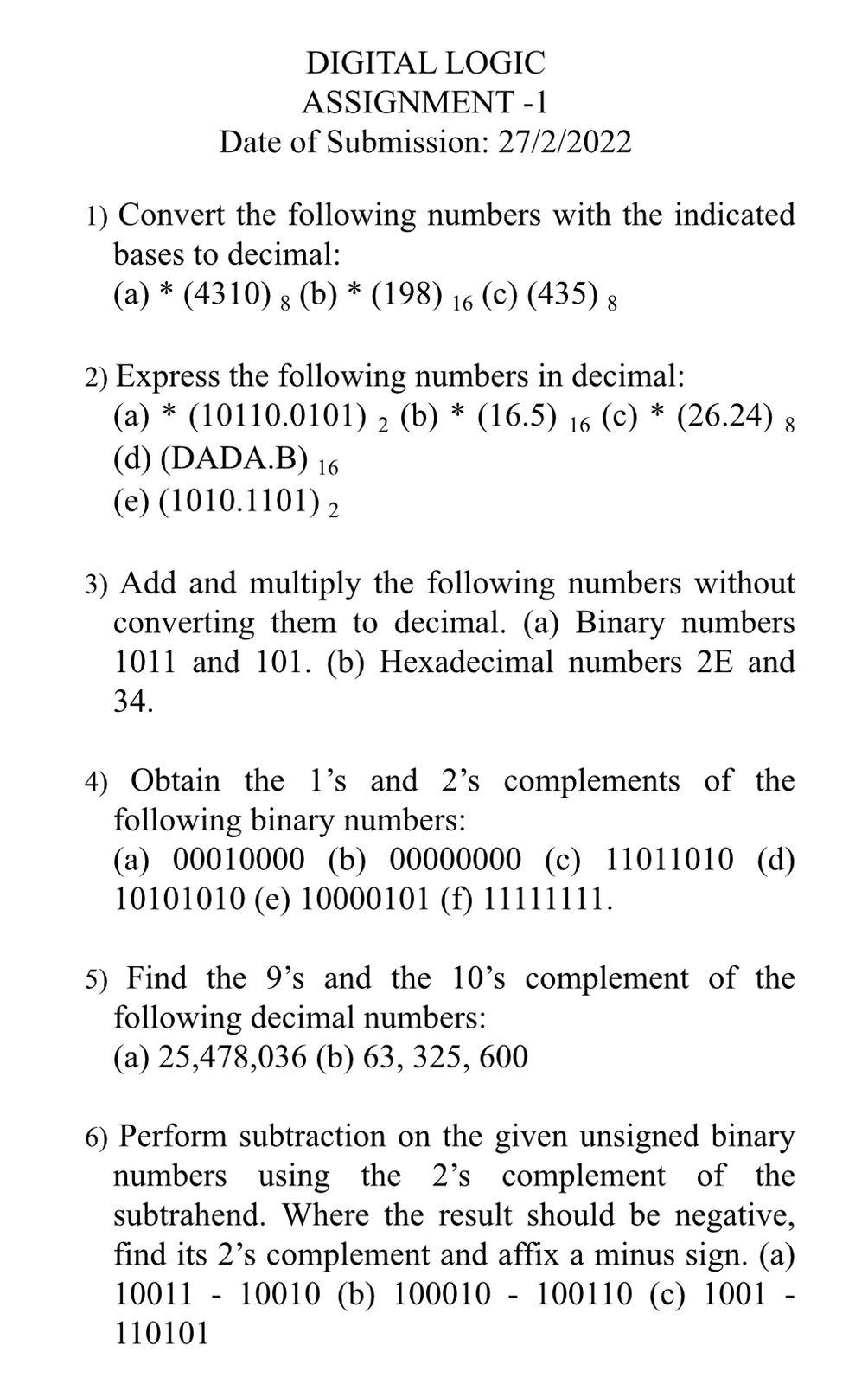 Solved DIGITAL LOGIC ASSIGNMENT -1 Date of Submission: | Chegg.com