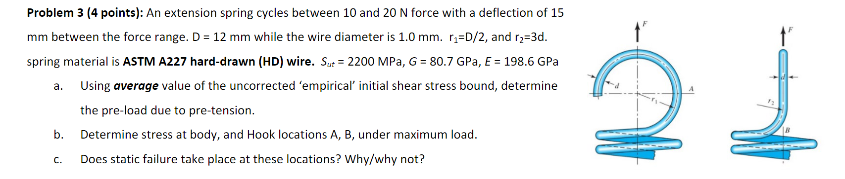 [Solved]: An extension spring cycles between 10 and 20 N fo