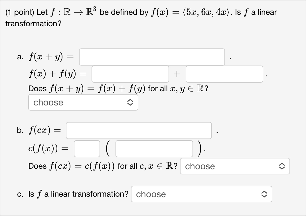Solved (1 point) Let f:R→R3 be defined by f(x)= 5x,6x,4x . | Chegg.com