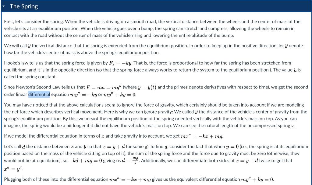Solved First, let's consider the spring. When the vehicle is | Chegg.com