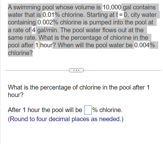 Solved A swimming pool whose volume is 10,000 gal contains | Chegg.com
