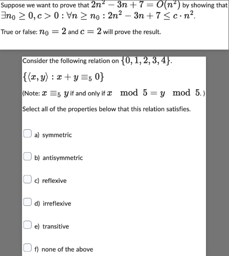 Solved Suppose we want to prove that 2n2−3n+7=O(n2) by | Chegg.com