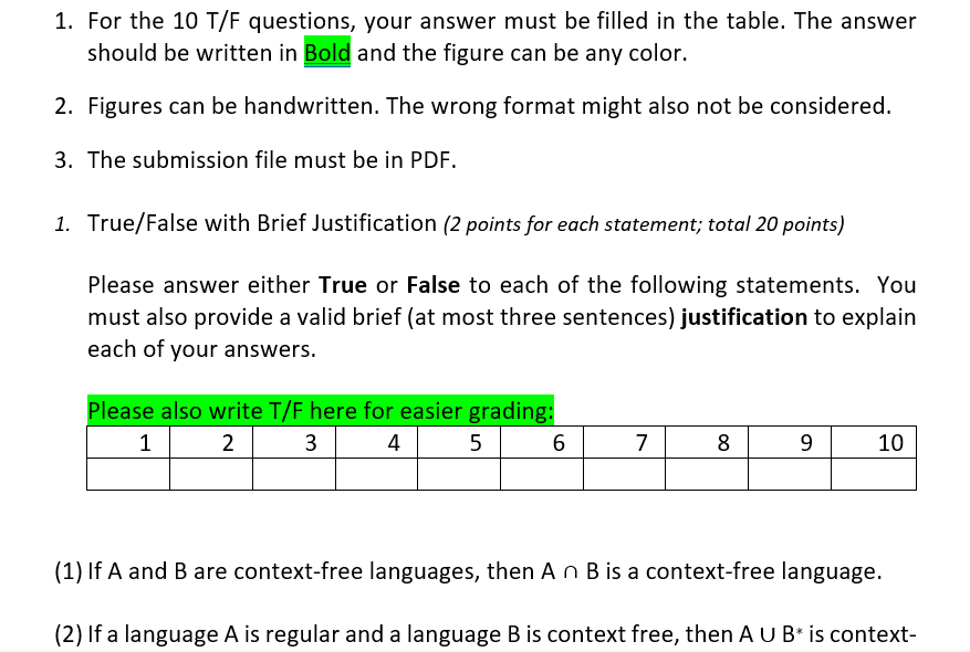 Solved For the 10TF ﻿questions, your answer must be filled | Chegg.com