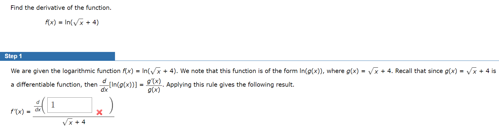 Solved Find the derivative of the function. f(x)=ln(x+4) | Chegg.com