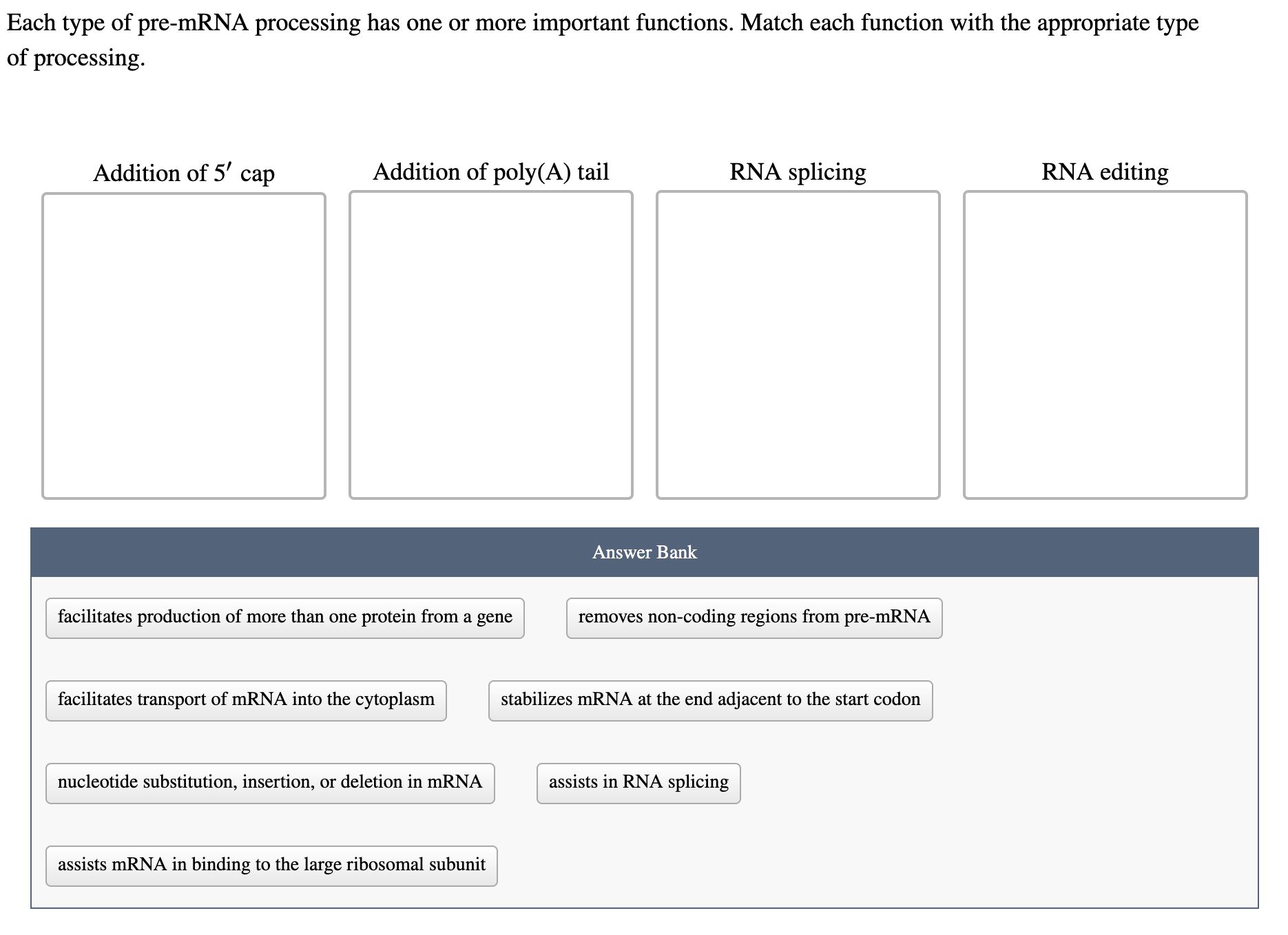 Solved Each type of pre-mRNA processing has one or more | Chegg.com