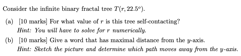 Consider the infinite binary fractal tree T(r,22.5∘). | Chegg.com