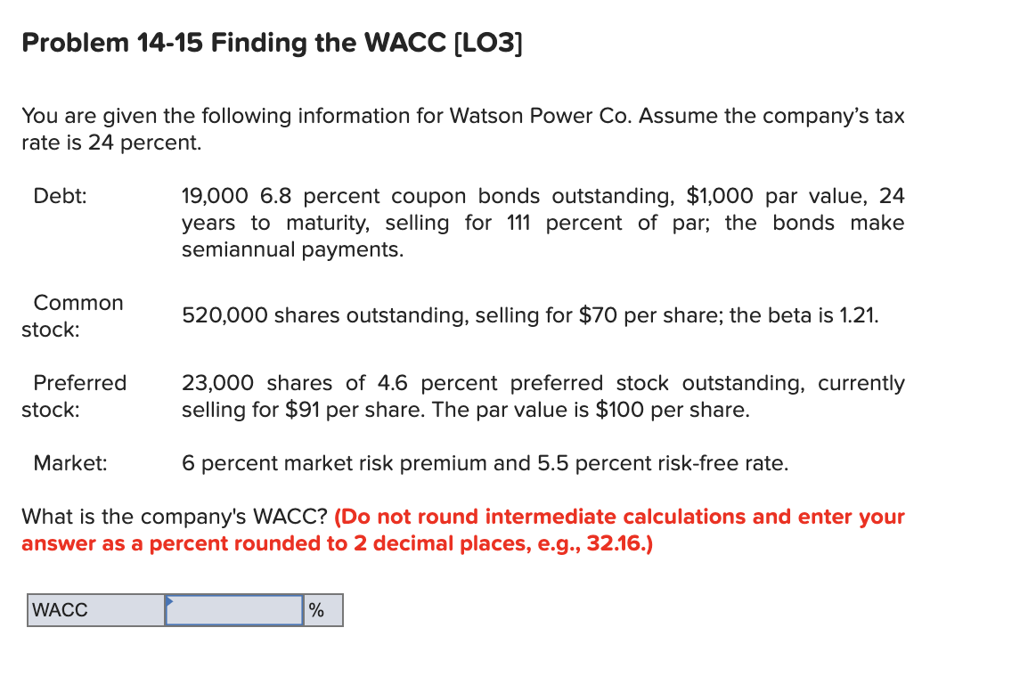 Solved Problem 14-15 Finding the WACC (LO3] You are given | Chegg.com