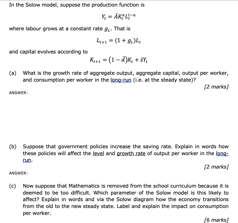 Solved = In the Solow model, suppose the production function | Chegg.com