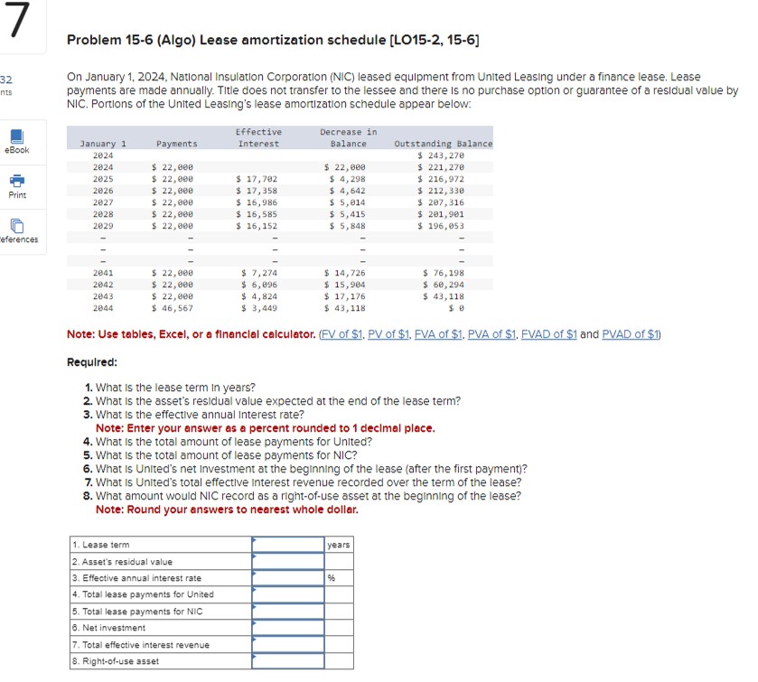 Solved Problem 15-6 (Algo) ﻿Lease amortization schedule | Chegg.com