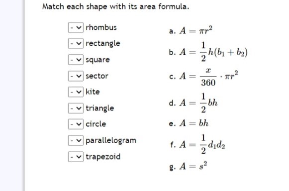 Solved Match each shape with its area formula. rhombus a. | Chegg.com