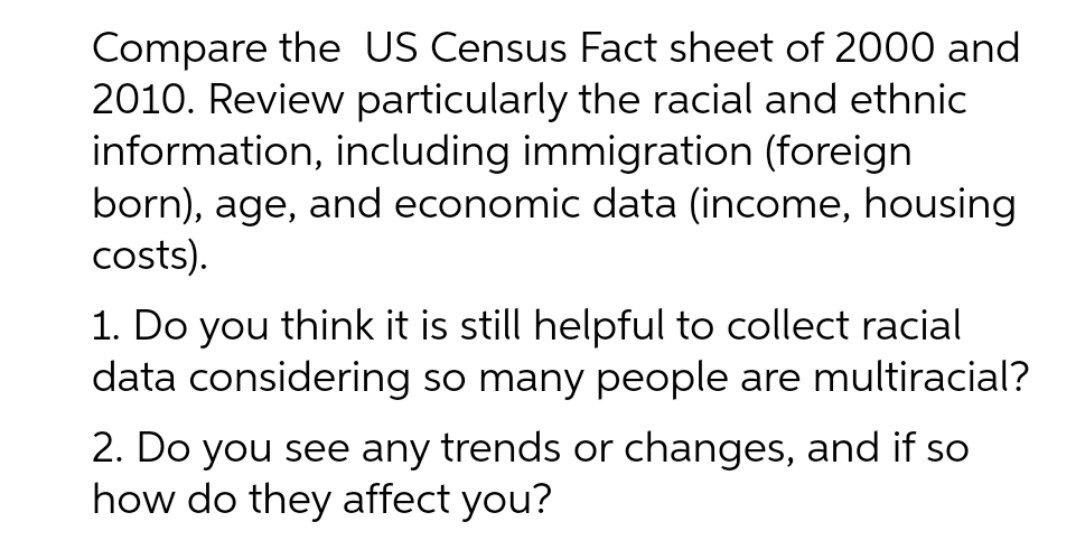 Solved Compare the US Census Fact sheet of 2000 and 2010. | Chegg.com