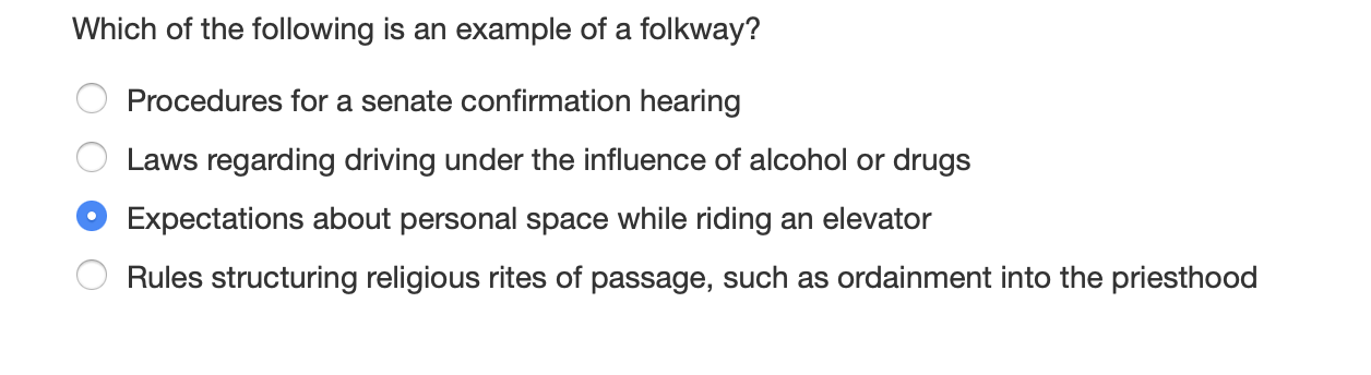 Solved Which of the following is an example of a folkway? O | Chegg.com