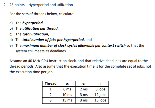 2. 25 points - Hyperperiod and utilization For the | Chegg.com