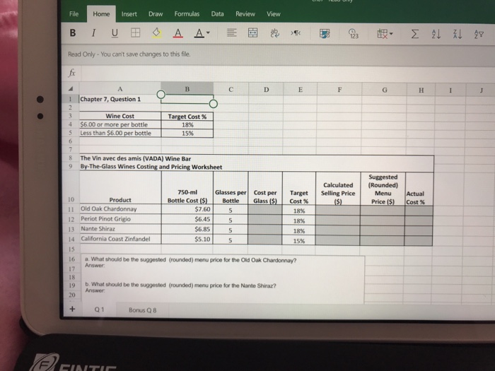 File Insert Draw Formulas Data ReviewView Read Only - | Chegg.com