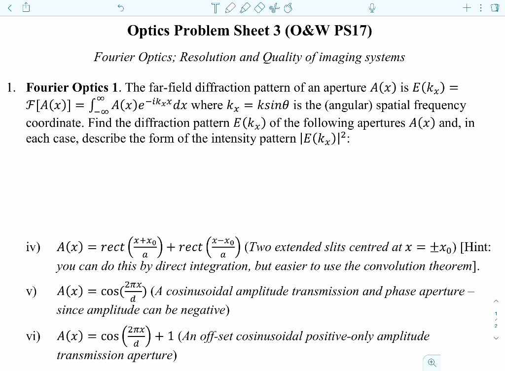 Solved + TOODAB Optics Problem Sheet 3 (O&W PS17) Fourier | Chegg.com