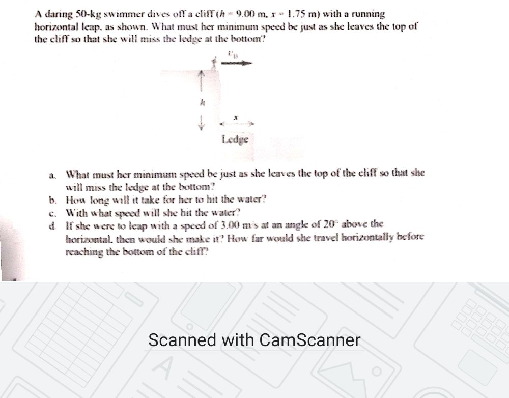 Solved A daring 50- kg swimmer dives off a cliff (h= 9.00m, | Chegg.com