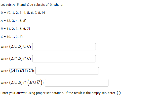 Solved Let sets A,B, and C be subsets of U, where: | Chegg.com