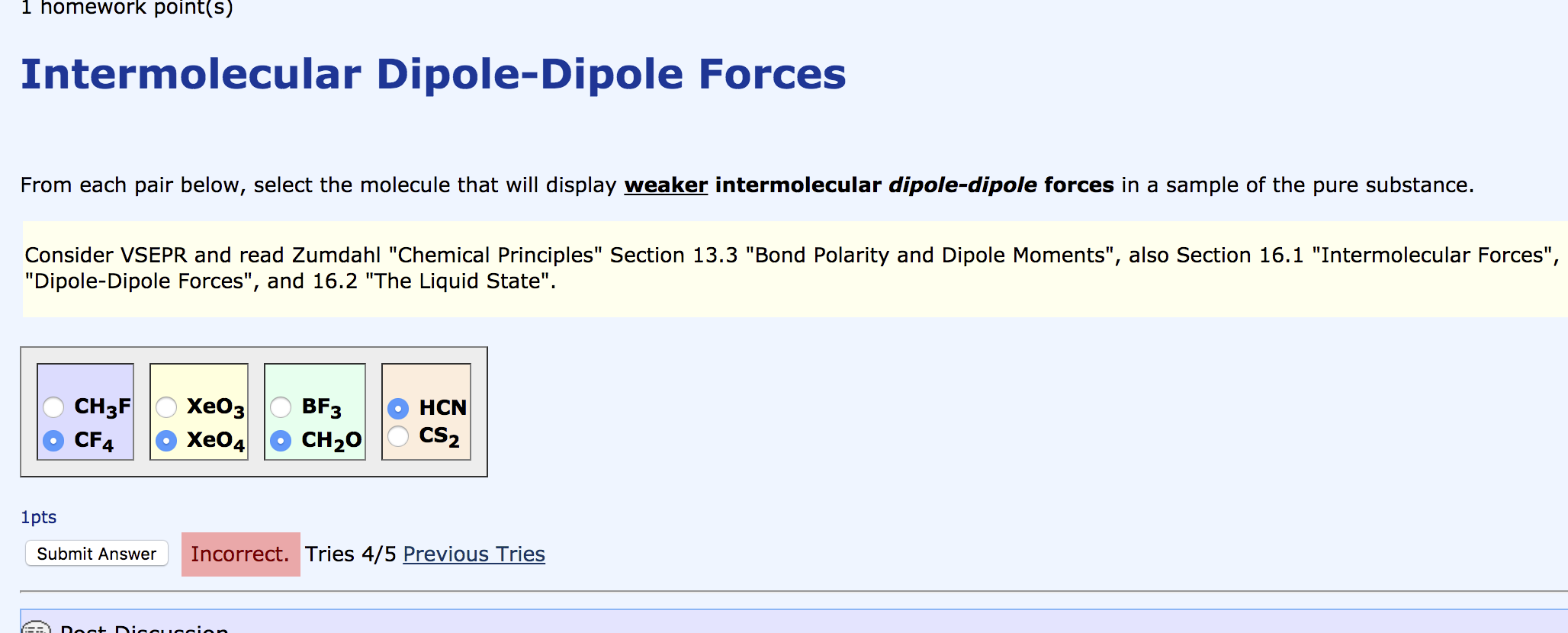 Solved 1 homework point(s) Intermolecular Dipole-Dipole | Chegg.com
