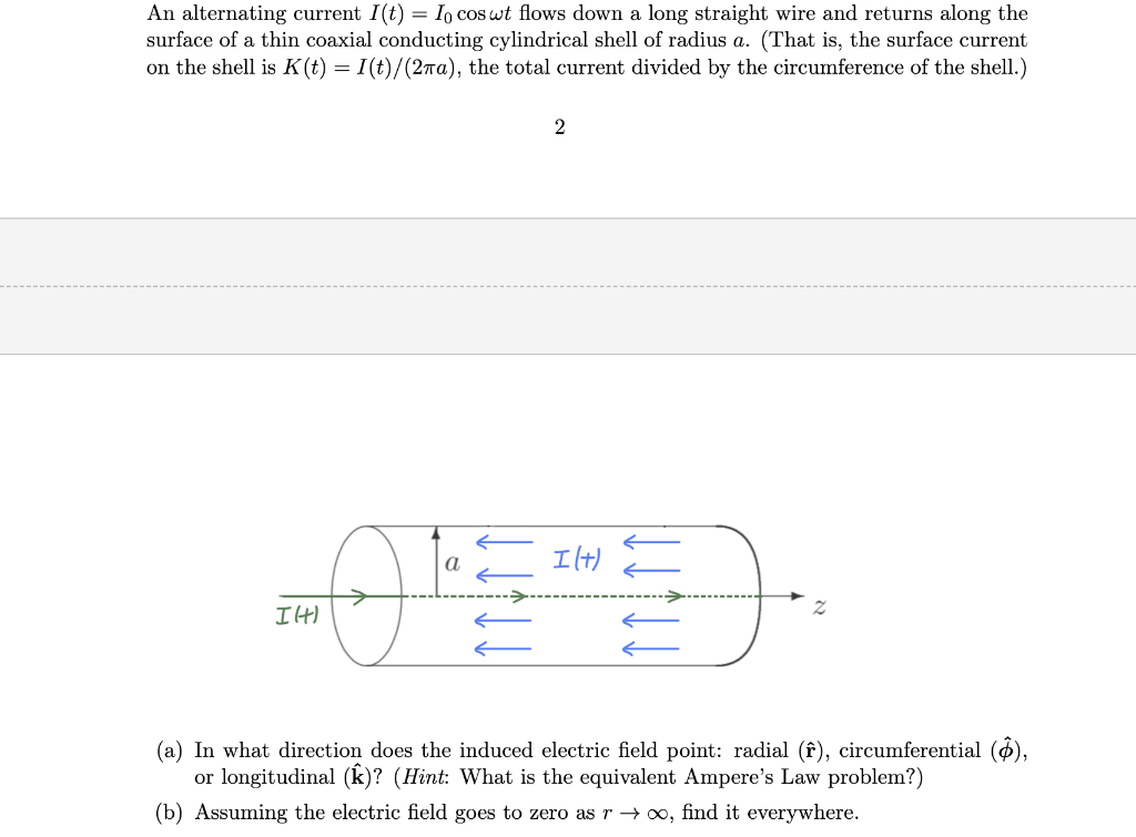 Solved An alternating current I(t)=I0cosωt flows down a long | Chegg.com