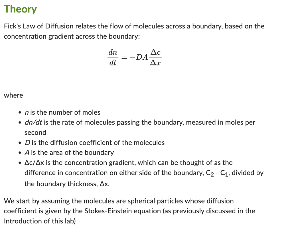 Solved Fick's Law of Diffusion relates the flow of molecules | Chegg.com