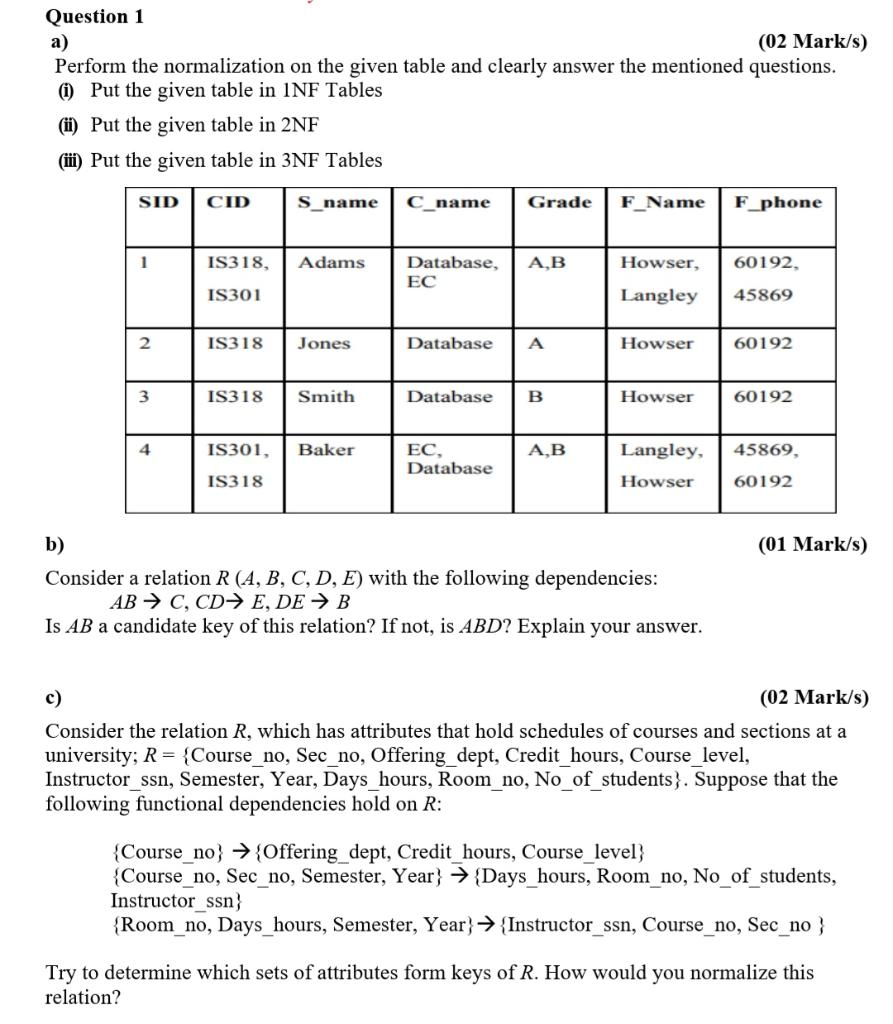 Solved Question 1 a) (02 Mark/s) Perform the normalization | Chegg.com